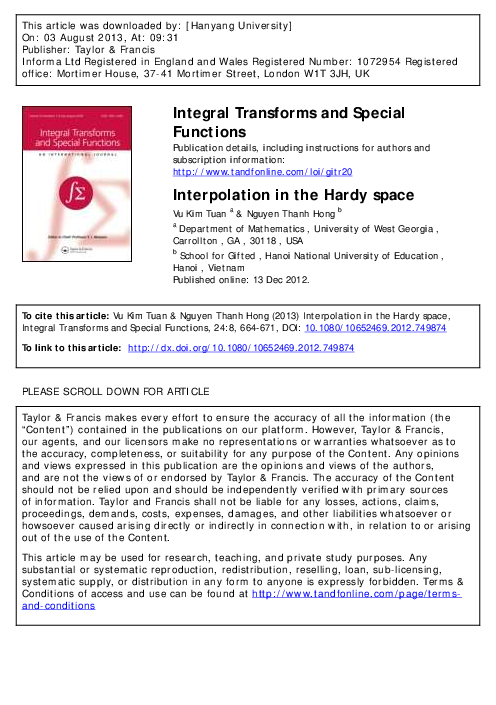 Pdf Integral Transforms And Special Functions Interpolation In The Hardy Space Interpolation