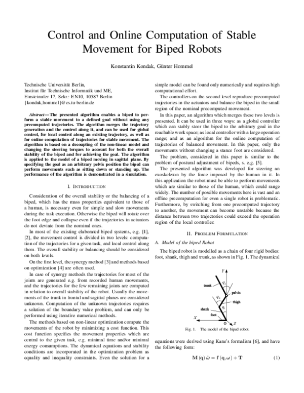 (PDF) Control and online computation of stable movement for biped robots