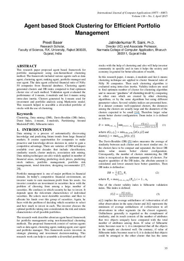 (PDF) Agent based Stock Clustering for Efficient Portfolio Management