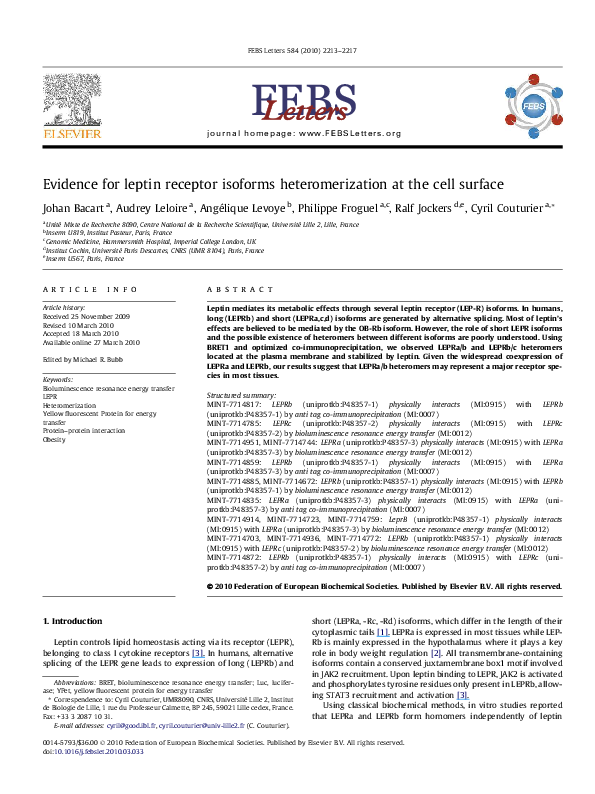 (PDF) Evidence for leptin receptor isoforms heteromerization at the ...