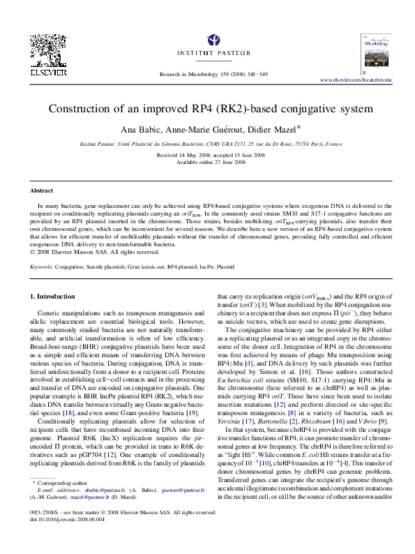 (PDF) Construction of an improved RP4 (RK2)-based conjugative system