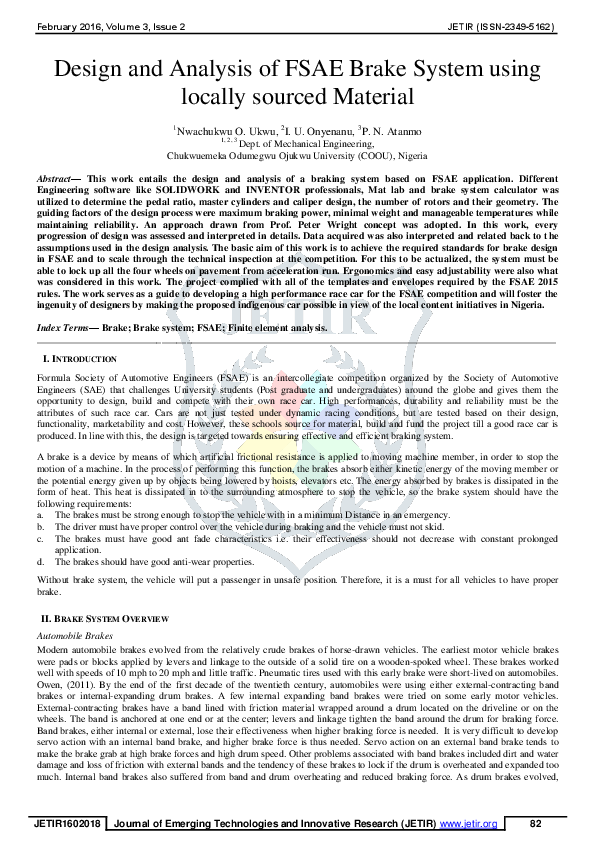 Pdf Design And Analysis Of Fsae Brake System Using Locally Sourced