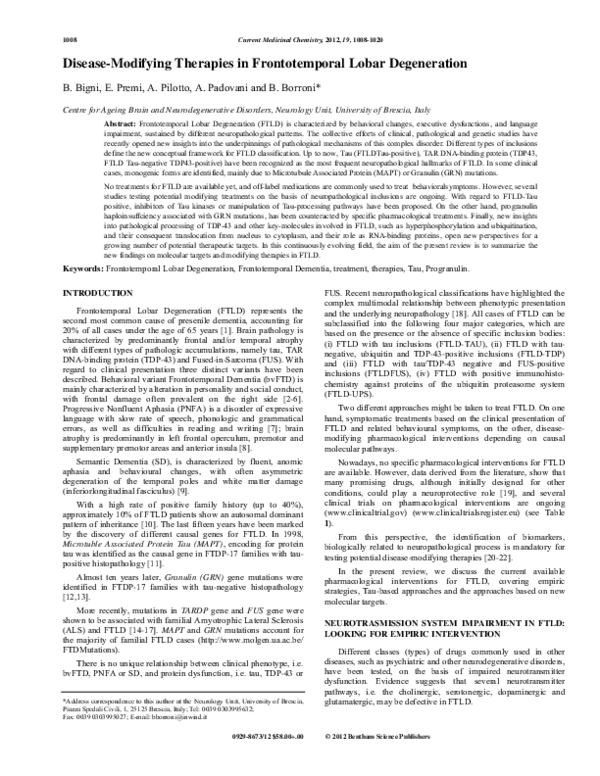 (PDF) Disease-Modifying Therapies in Frontotemporal Lobar Degeneration