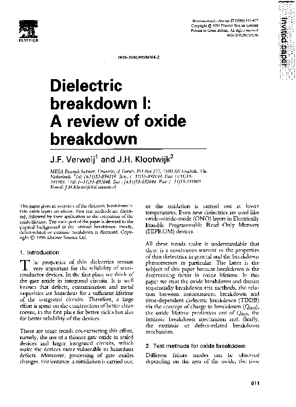 (PDF) Dielectric breakdown I: A review of oxide breakdown