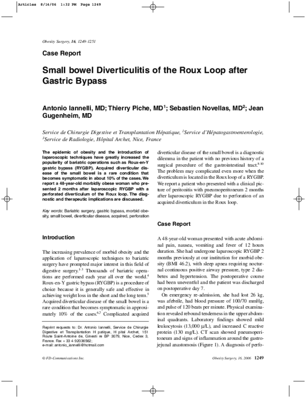 (PDF) Small bowel Diverticulitis of the Roux Loop after Gastric Bypass
