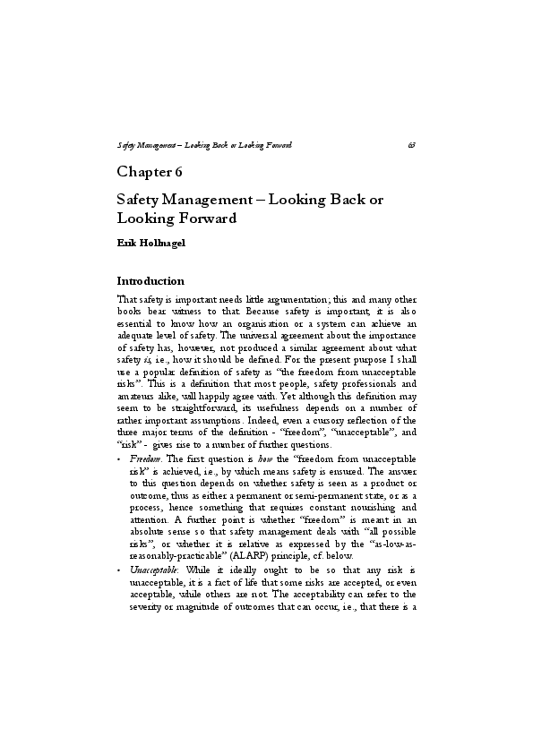 (PDF) Safety management, looking back or looking forward