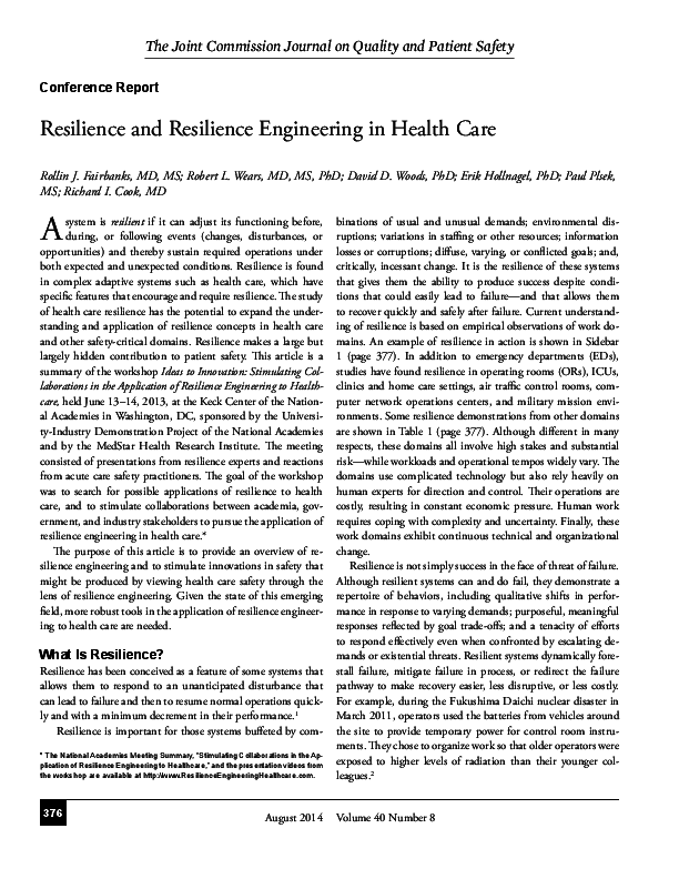 (PDF) Resilience and resilience engineering in health care