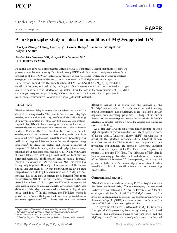 (PDF) A first-principles study of ultrathin nanofilms of MgO-supported TiN