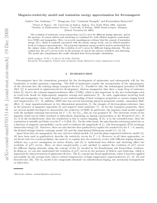 (PDF) Magnetoresistivity model and ionization-energy approximation for ...