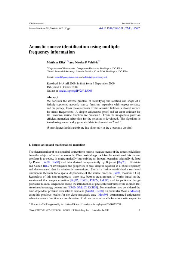 Pdf Acoustic Source Identification Using Multiple Frequency Information