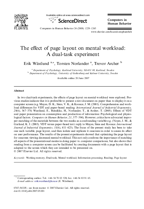 (PDF) The effect of page layout on mental workload: A dual-task experiment