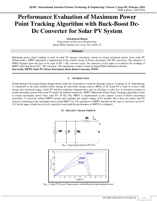 Pdf Performance Evaluation Of Maximum Power Point Tracking Algorithm With Buck Boost Dc Dc