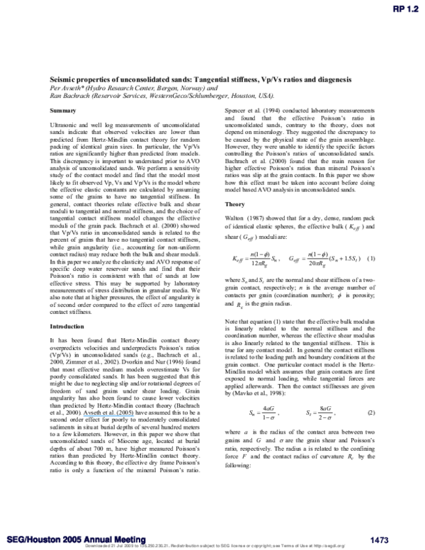 (PDF) Seismic properties of unconsolidated sands: Tangential stiffness ...
