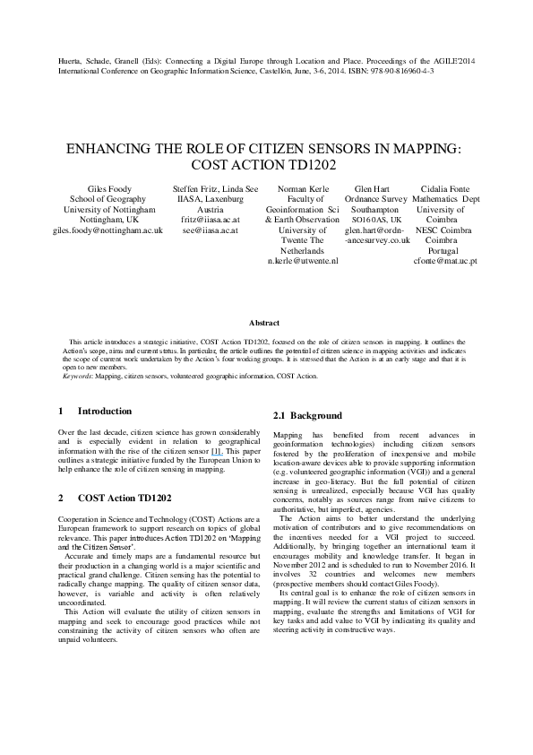 (PDF) Enhancing the Role of Citizen Sensors in Mapping: COST Action TD1202