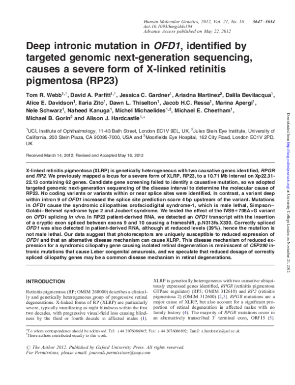 (PDF) Deep intronic mutation in OFD1, identified by targeted genomic ...