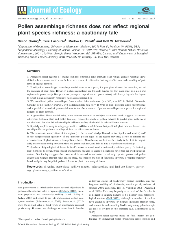 (PDF) Pollen assemblage richness does not reflect regional plant species richness: a cautionary tale