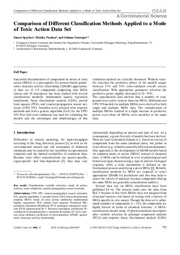 (PDF) Comparison of Different Classification Methods Applied to a Mode of Toxic Action Data Set