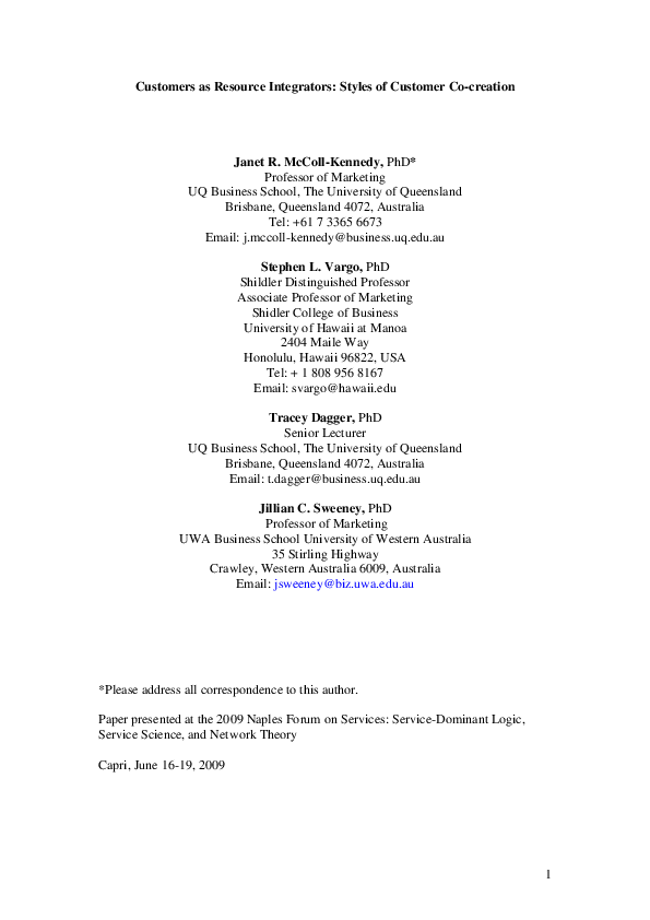(PDF) Customers as resource integrators: Styles of customer co-creation