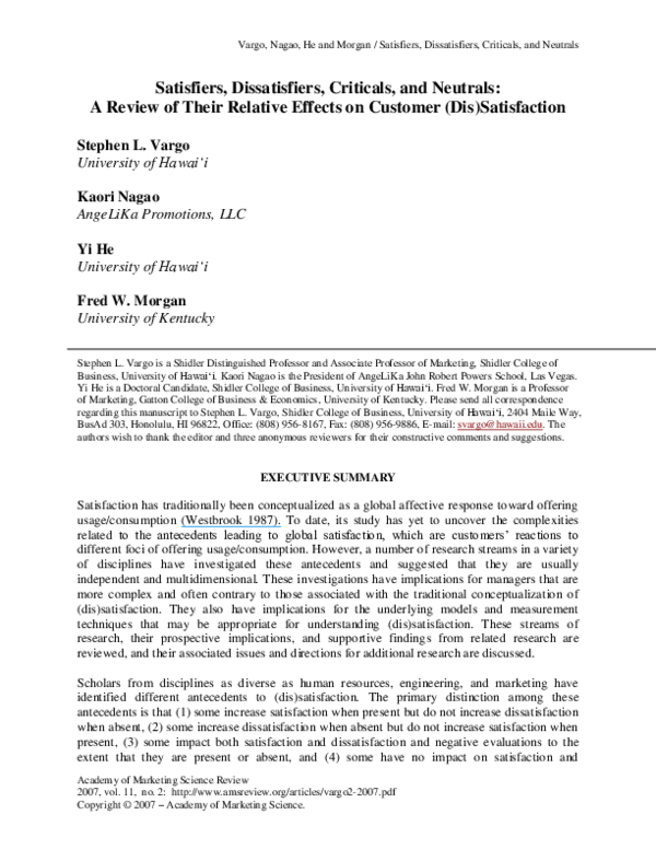 (PDF) Satisfiers, dissatisfiers, criticals, and neutrals: a review of ...