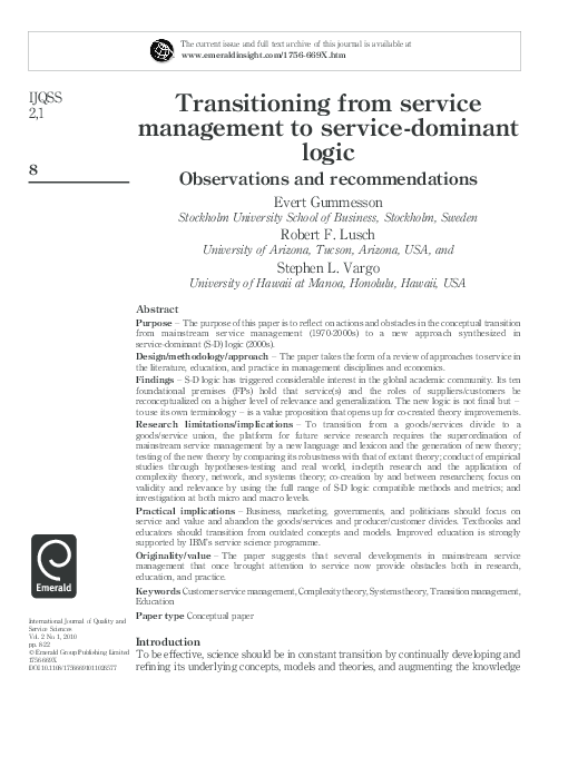 (PDF) Transitioning from service management to service-dominant logic ...