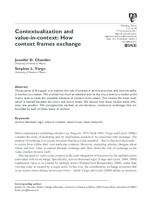 (PDF) Contextualization and value-in-context: How context frames exchange