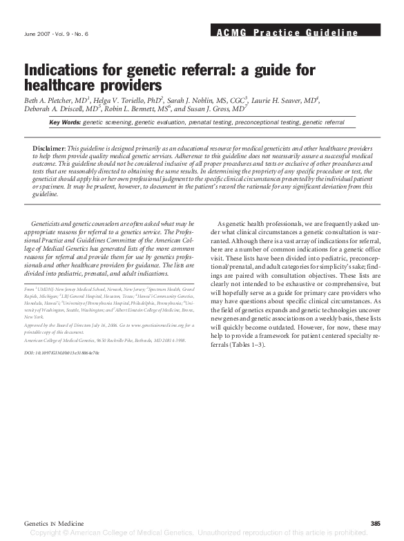 (PDF) Indications for genetic referral: a guide for healthcare providers