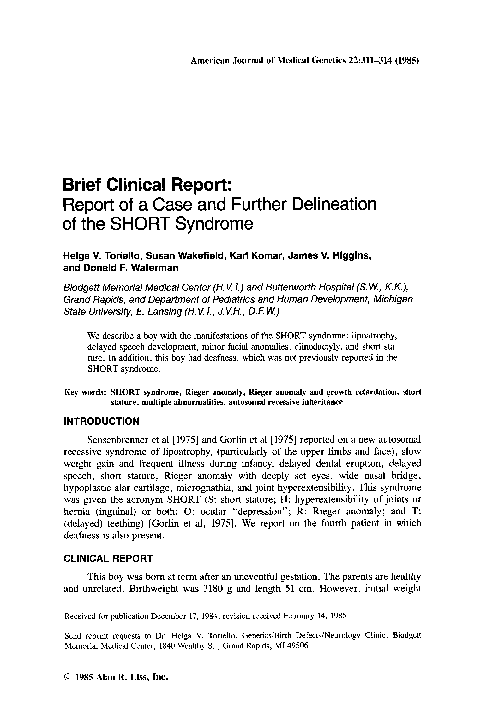 (PDF) Report of a case and further delineation of the SHORT syndrome