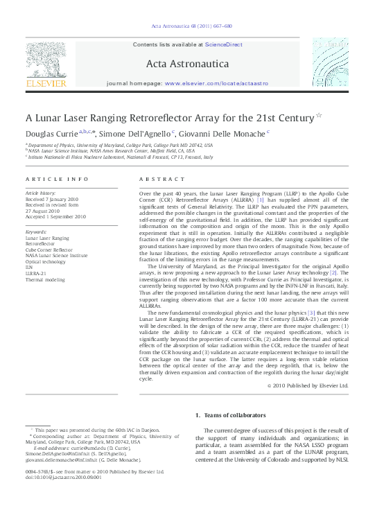 (PDF) A Lunar Laser Ranging Retroreflector Array for the 21st Century ...