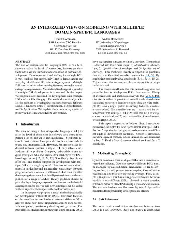 (PDF) An integrated view on modeling with multiple domain-specific languages | Anders Hessellund ...