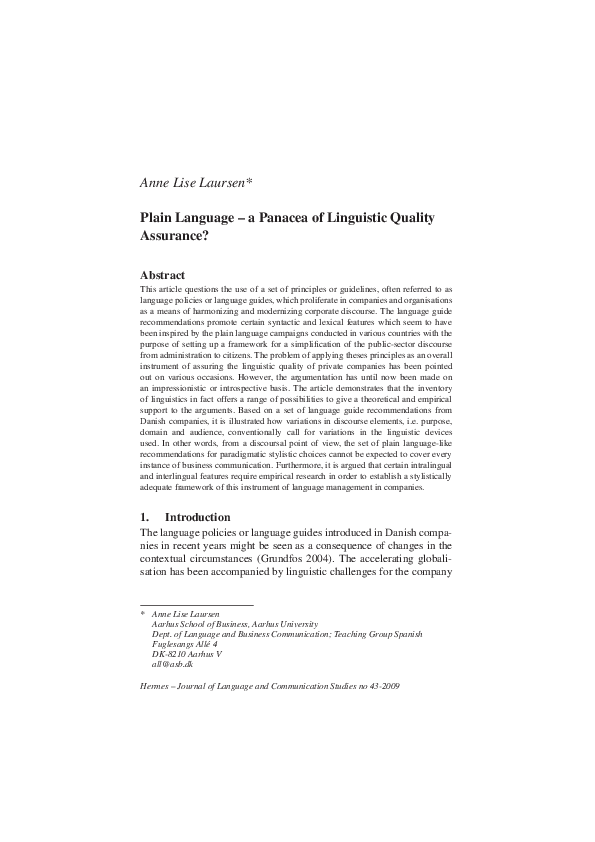 (PDF) Plain Language – a Panacea of Linguistic Quality Assurance?