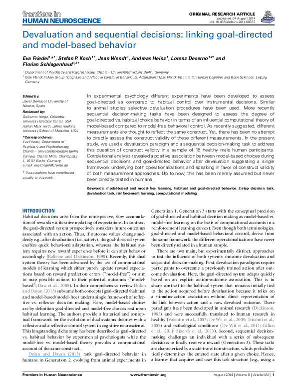 (PDF) Devaluation and sequential decisions: linking goal-directed and model-based behavior