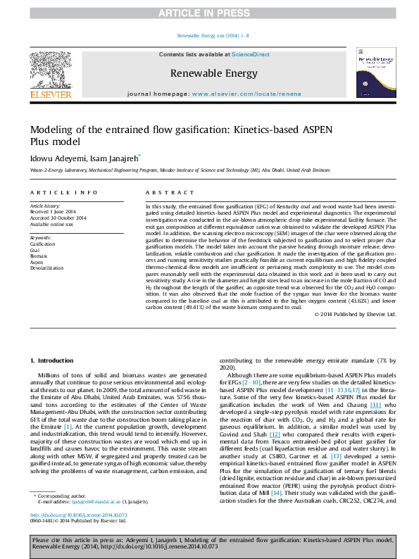 Pdf Modeling Of The Entrained Flow Gasification Kinetics Based Aspen