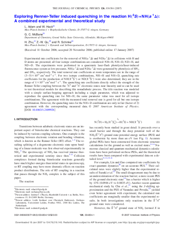 Pdf Exploring Renner Teller Induced Quenching In The Reaction H [sup 2]s Nh A [sup 1]Δ A