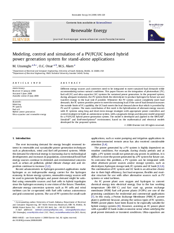 (PDF) Modeling, control and simulation of a PV/FC/UC based hybrid power generation system for ...