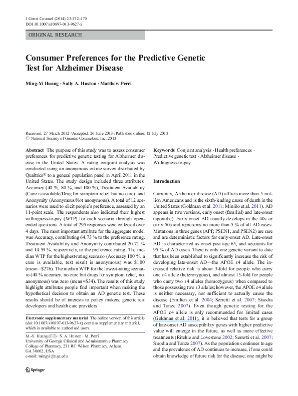 (PDF) Consumer Preferences for the Predictive Genetic Test for ...