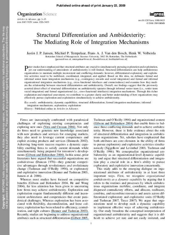 (PDF) Structural Differentiation and Ambidexterity: The Mediating Role ...