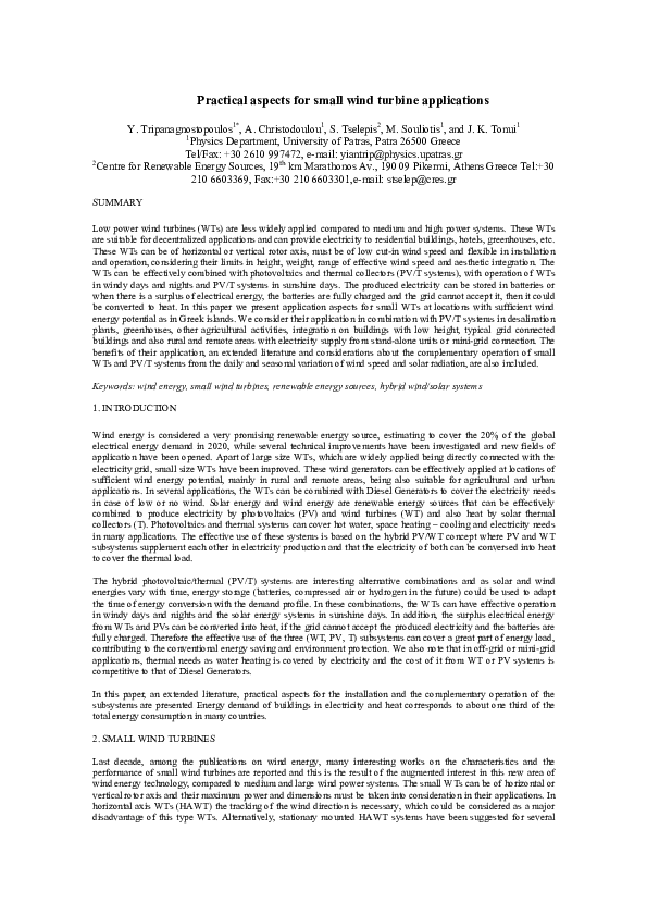 (PDF) Practical aspects for small wind turbine applications | Stathis ...