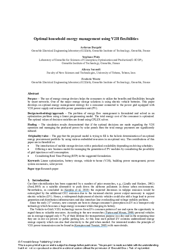 (PDF) Optimal household energy management using V2H flexibilities