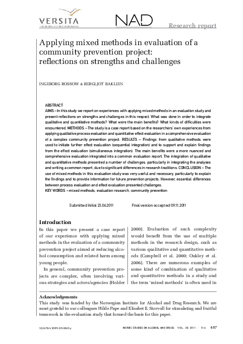 Pdf Applying Mixed Methods In Evaluation Of A Community Prevention Project Reflections On