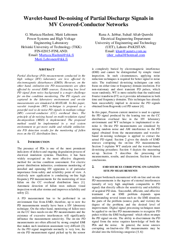 (PDF) Wavelet-based De-noising of Partial Discharge Signals in MV Covered-Conductor Networks