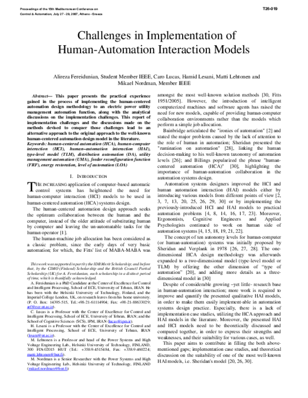 Pdf Challenges In Implementation Of Human Automation Interaction Models