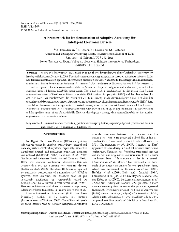 (PDF) A Framework for Implementation of Adaptive Autonomy for Intelligent Electronic Devices