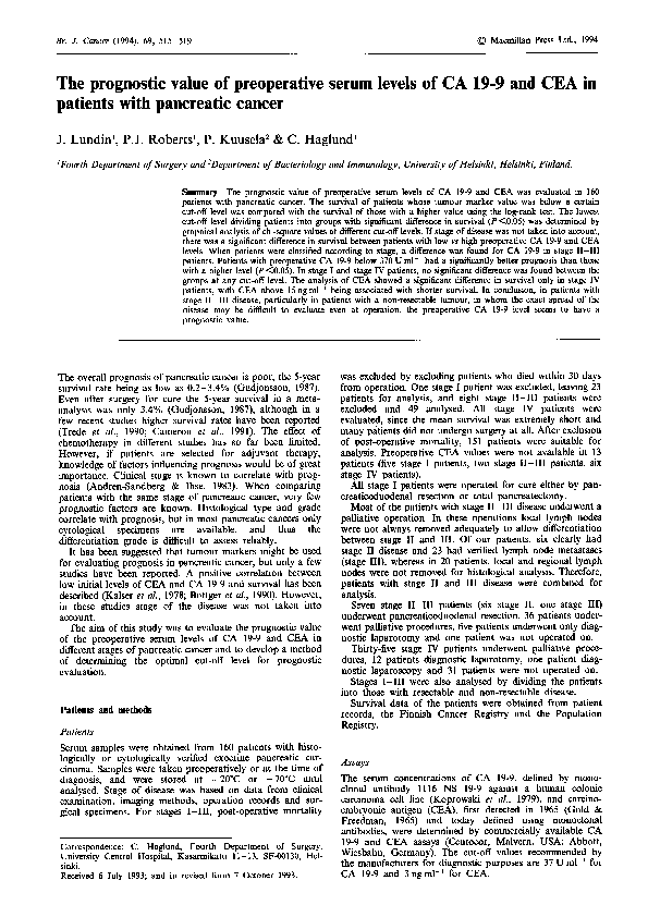 (PDF) The prognostic value of preoperative serum levels of CA 19-9 and CEA in patients with ...
