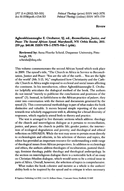 (PDF) REVIEW. Agbonkhianmeghe E. Orobator, SJ, ed., Reconciliation ...