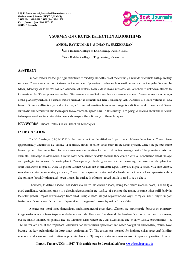 Pdf A Survey On Crater Detection Algorithms