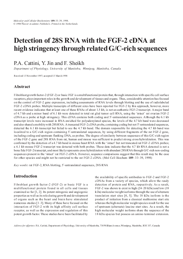 (PDF) Detection of 28S RNA with the FGF-2 cDNA at high stringency ...
