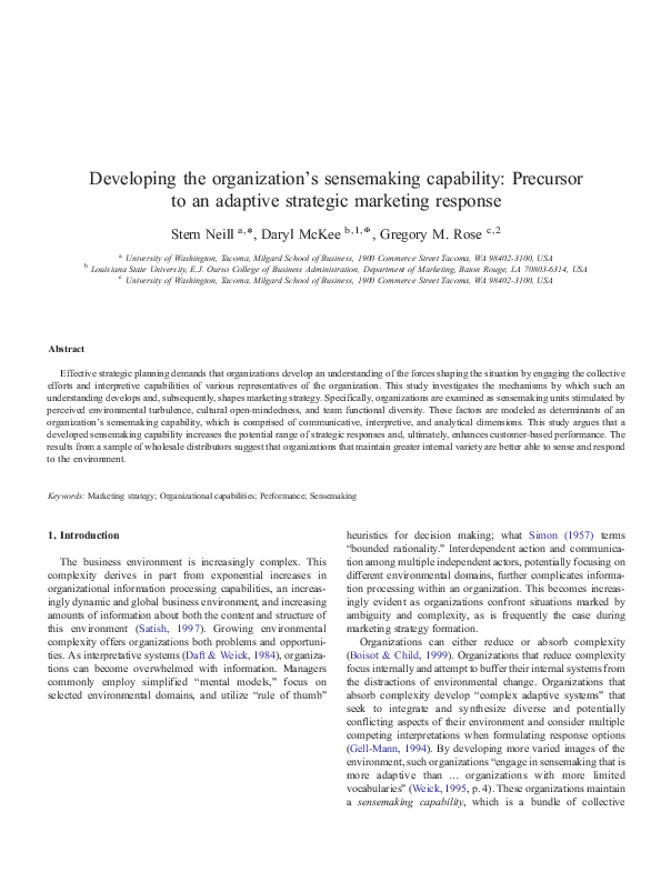 (PDF) Developing the organization's sensemaking capability: Precursor to an adaptive strategic ...