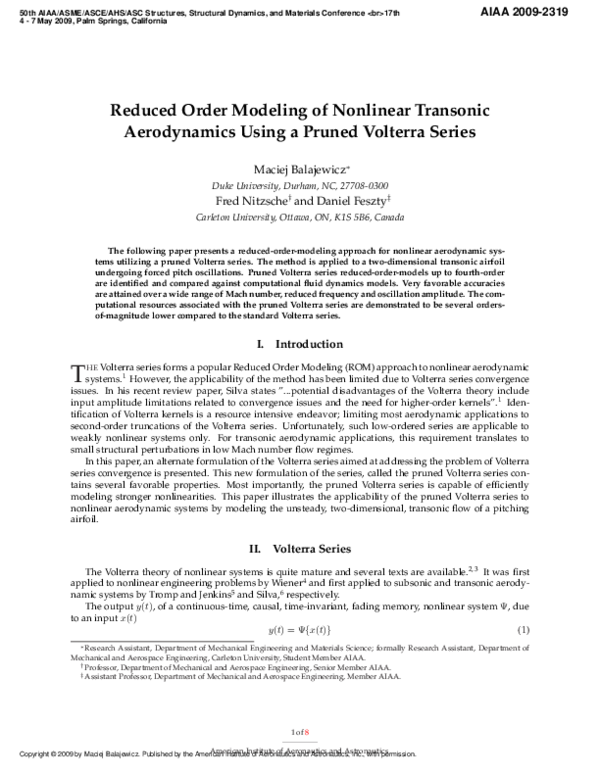 (PDF) Reduced Order Modeling of Nonlinear Transonic Aerodynamics Using a Pruned Volterra Series