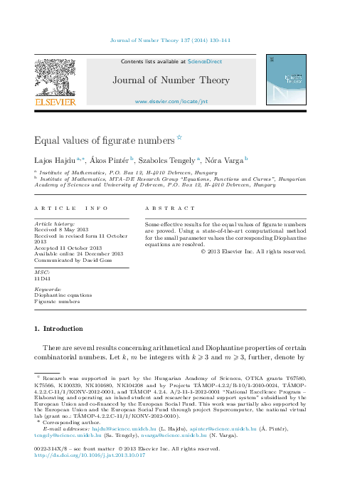 (PDF) Equal values of figurate numbers