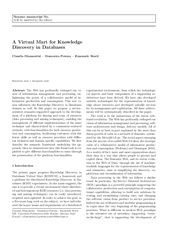 (PDF) A virtual mart for knowledge discovery in databases | Claudia Diamantini - Academia.edu